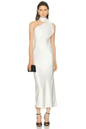 SEV Draped Scarf Neck Satin Dress