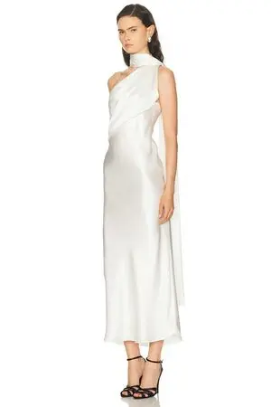 SEV Draped Scarf Neck Satin Dress