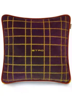 Etro Logo-embroidered Checked Velvet Cushion - Purple