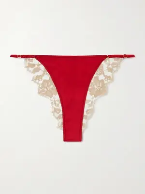 Kiki De Montparnasse Orchid Leavers Lace And Silk-blend Satin Briefs - Red
