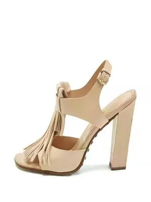 TOD'S Fringe Leather Block Heel Sandals