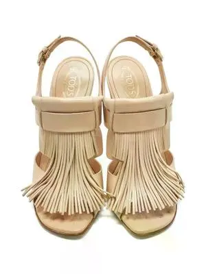 TOD'S Fringe Leather Block Heel Sandals