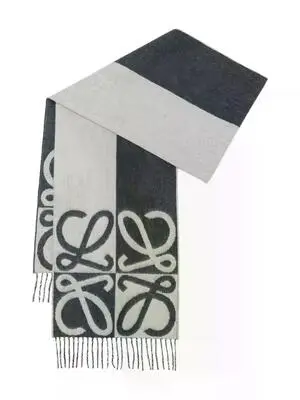 Loewe Logo-intarsia Fringed Scarf - Grey
