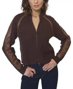 Central Park West Atlas Raglan Leather Trim Zip Up Sweater