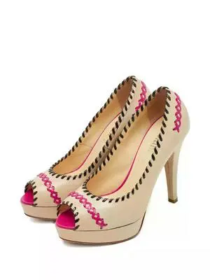 LORIBLU Leather Stitch Peep-toe Platform Pumps