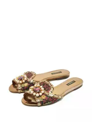 Dolce & Gabbana Brocade And Faux-pearl Embellished Flat Slides