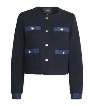 Maje Tweed Denim-trim Cropped Jacket - Blue