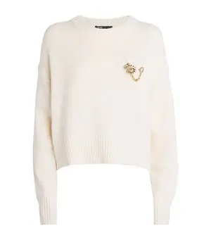 Maje Wool-cashmere Brooch Sweater - White