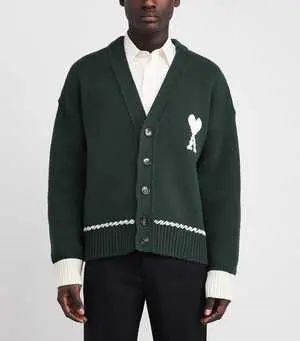 AMI Paris Wool-blend Logo Cardigan - Green