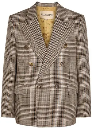 Valentino Garavani Houndstooth Double-breasted Wool Blazer - Beige