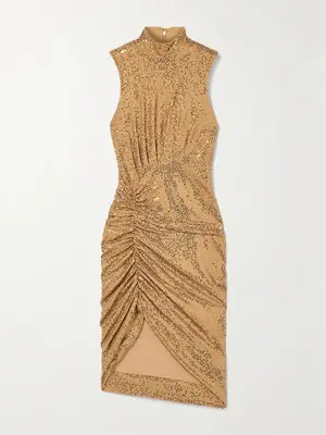 Michael Kors Ruched Sequined Crepe Midi Dress