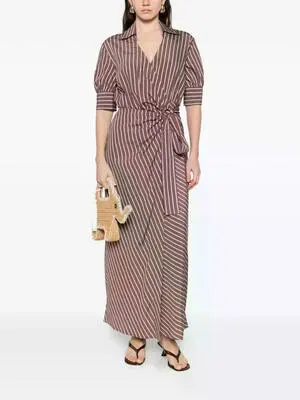 Pinko Long Striped Wrap Dress With Balloon Sleeves - Brown
