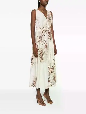 Brunello Cucinelli Floral Belted Midi Dress - Neutrals