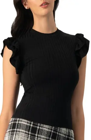 IVONNE Ribbed Straight Top With Ruffles - Black