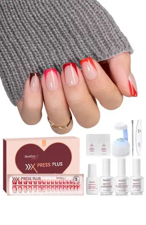 BEETLES Red French Tip Press On Nail Studio Kit Short Square - Christmas Classic Red