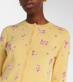 Oscar De La Renta Crystal Cluster Virgin Wool Cardigan - Yellow