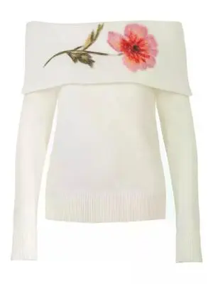 Carolina Herrera Floral-embroidered Off-shoulder Sweater - Neutrals