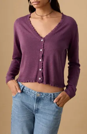 Mango Ruffle Trimmed Cropped Cardigan - Purple