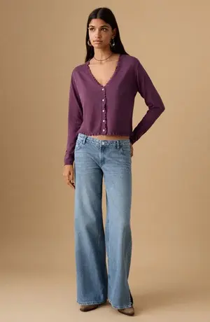 Mango Ruffle Trimmed Cropped Cardigan - Purple