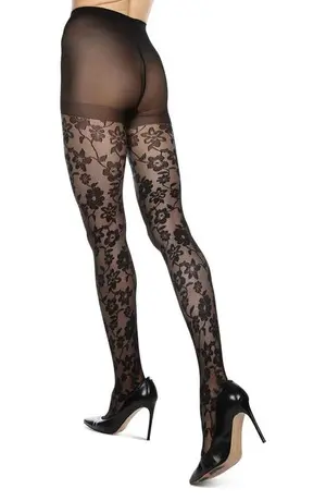 MEMOI Floral Sheer Tights - Black