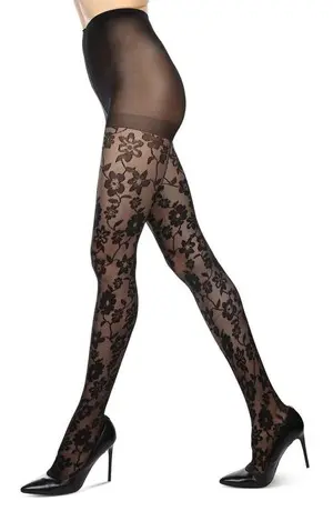 MEMOI Floral Sheer Tights - Black