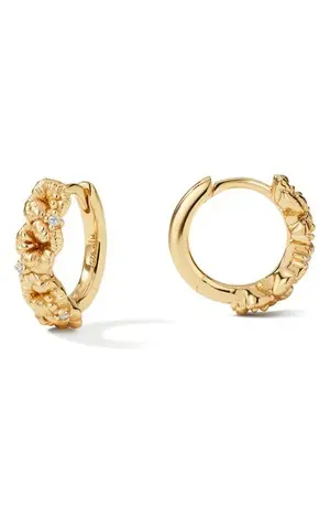 MADE BY MARY Cubic Zirconia Birthstone Flower Huggie Hoop Earrings - Gold February