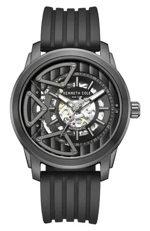 KENNETH COLE Skeleton Automatic Silicone Strap Watch - Black