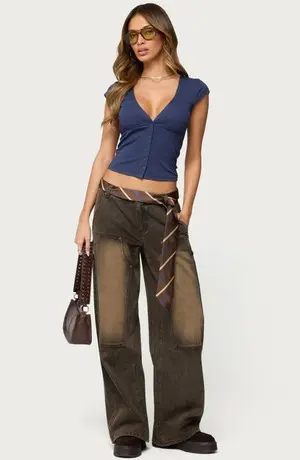 EDIKTED Alza Crop Stretch Cotton Blend Button-up Top - Navy