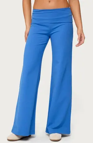 EDIKTED Wide-leg Fold-over Knit Pants - Blue