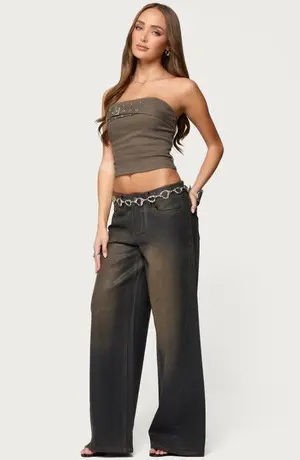 EDIKTED Nadiya Belted Strapless Cotton Twill Top