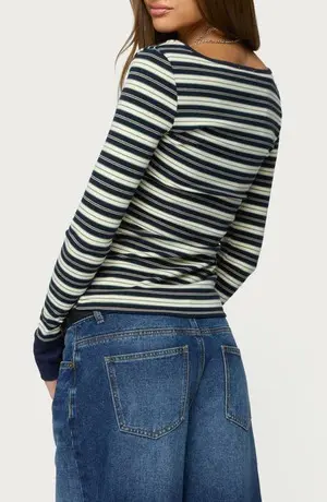EDIKTED Jaida Stripe Stretch Cotton Henley Top