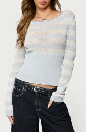 EDIKTED Cornella Stripe Open Stitch Boat Neck Sweater