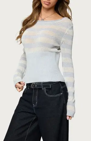 EDIKTED Cornella Stripe Open Stitch Boat Neck Sweater