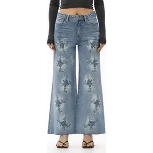BAYEAS Embroidered Beaded Wide Leg Jeans