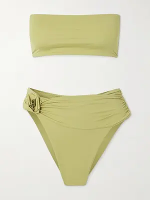 MAYGEL CORONEL Alheli Appliquéd Ruched Bandeau Bikini - Green