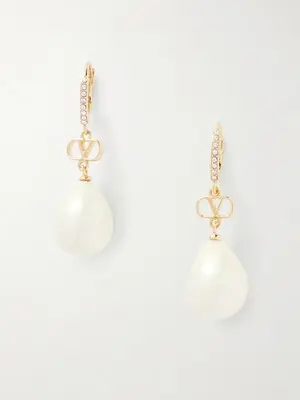 Valentino Garavani Vlogo Crystal And Faux Pearl Earrings - Gold