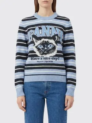 GANNI Striped Knit Sweater With Graphic Detail - Gnawed Blue