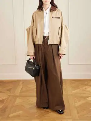 Sacai Pleated Leather-trimmed Cotton-twill Jacket