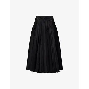 Sacai Pleated Belted Cotton-blend Midi Skirt - Black