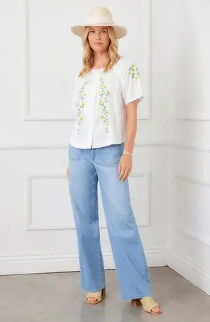 Karen Kane Floral Embroidered Cotton Peasant Top