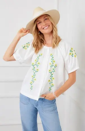 Karen Kane Floral Embroidered Cotton Peasant Top