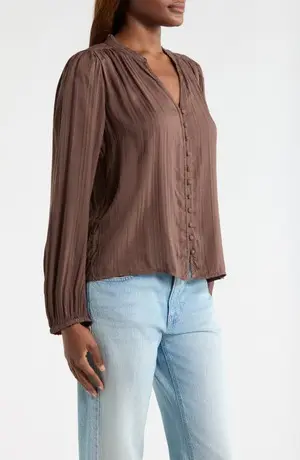 Lucky Brand Shine Button-front Top - Chocolate Brown