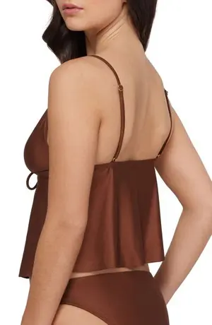Steve Madden Tie Front Crop Tankini Top - Oak Brown