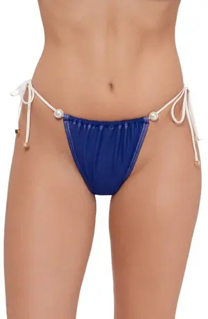 Steve Madden Ruched Faux Pearl Tanga Bikini Bottoms - Midnight