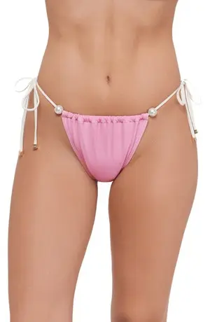Steve Madden Ruched Faux Pearl Tanga Bikini Bottoms - Orchid