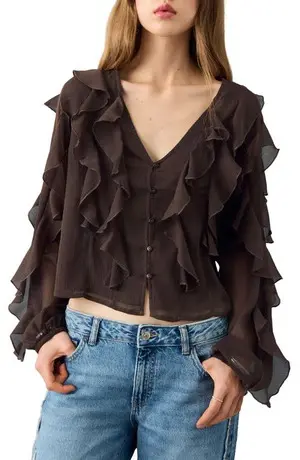 Mango Ruffle Front Button Crop Top