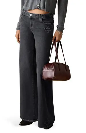 Mango Studded Low Rise Wide Leg Jeans - Black Denim