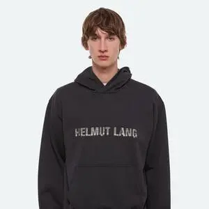 Helmut Lang Plaid Logo Cotton Fleece Hoodie - Vintage Black