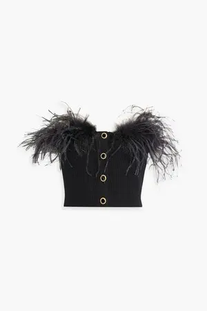 Alessandra Rich Strapless Feather-embellished Ribbed Wool Top - Black