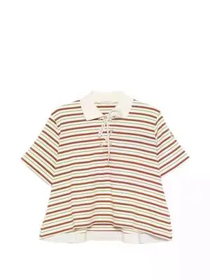 Moncler Striped Lace-up Polo Top - Neutrals